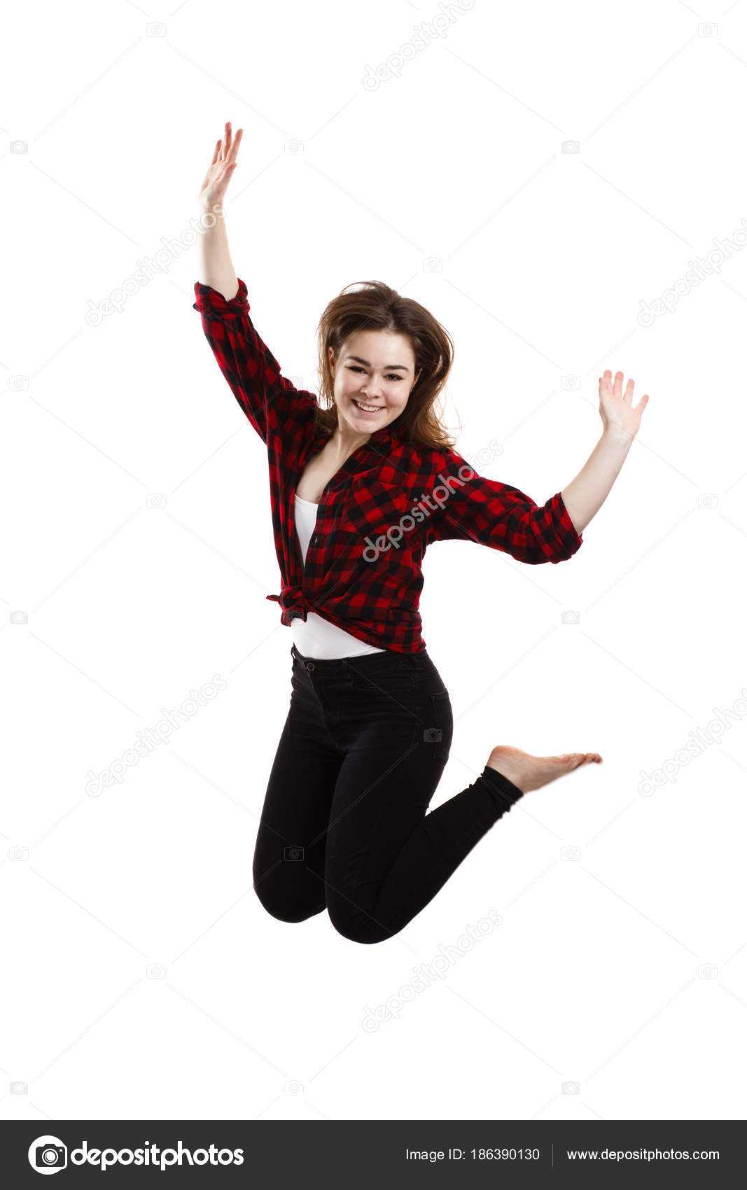 Young Woman Jumping White Background Stock Photo by ©gbh007 186390130