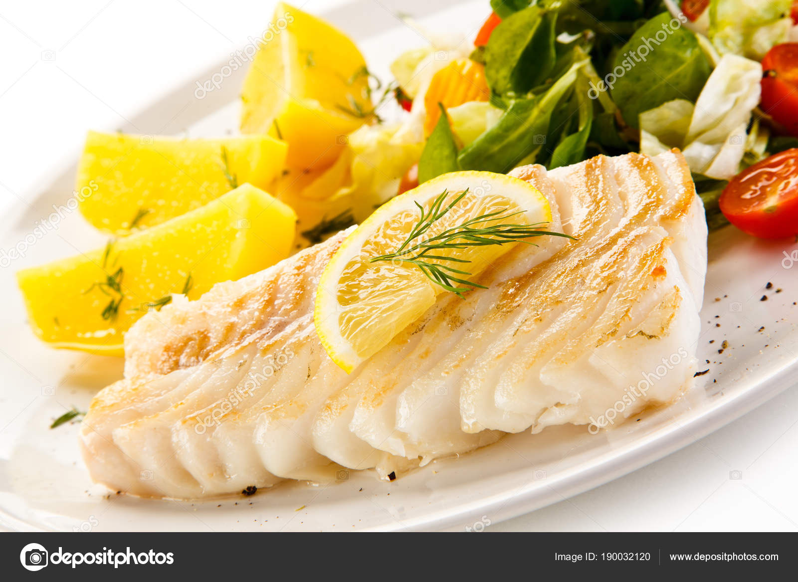 Fish Dish Boiled Fish Fillet Baked Potatoes Vegetables Stock Photo by ...
