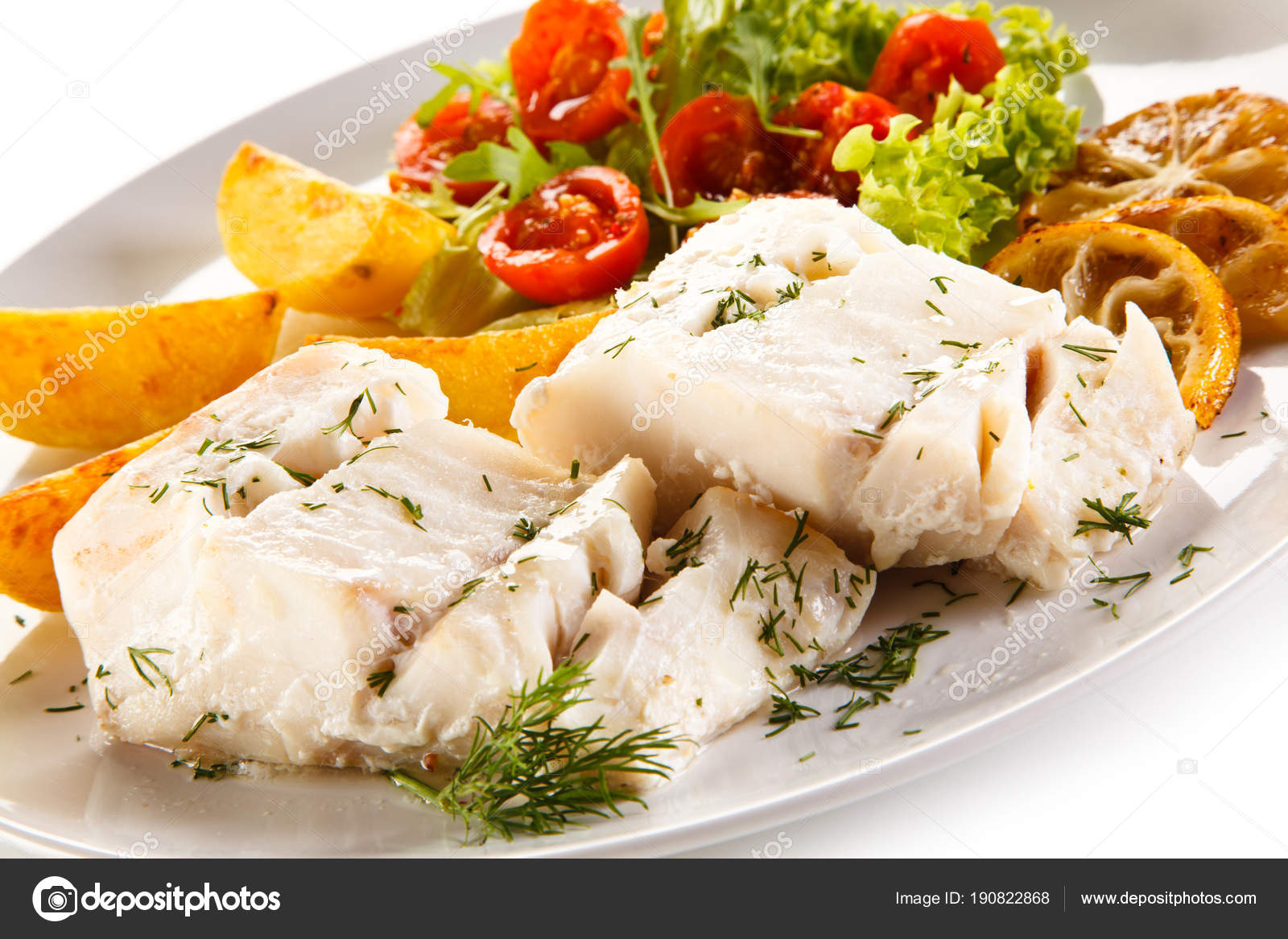 Fish Dish Boiled Fish Fillet Baked Potatoes Vegetables Stock Photo by ...