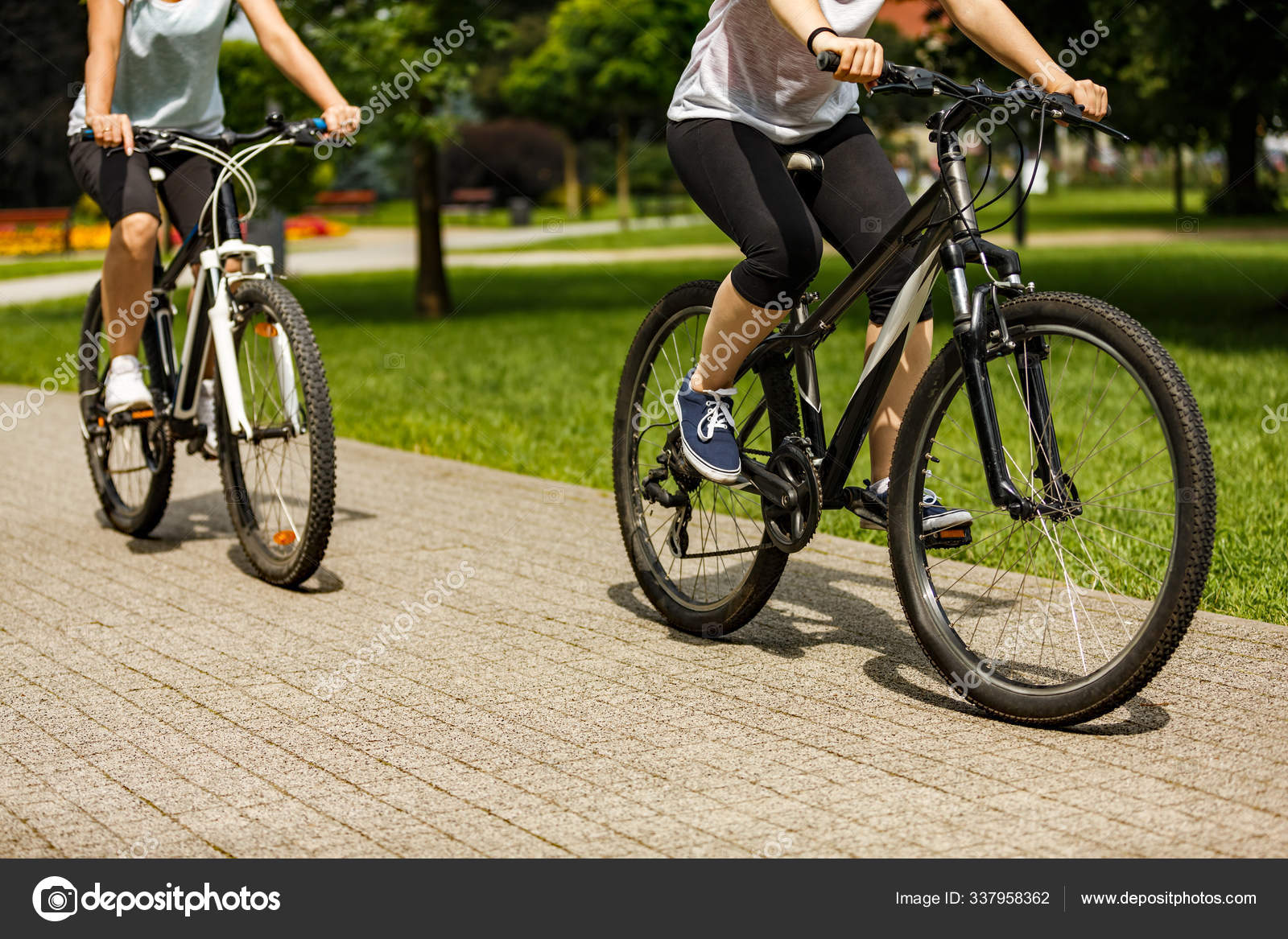 Two Women Riding Bicycles Together Park Stock Photo by ©gbh007 337958362