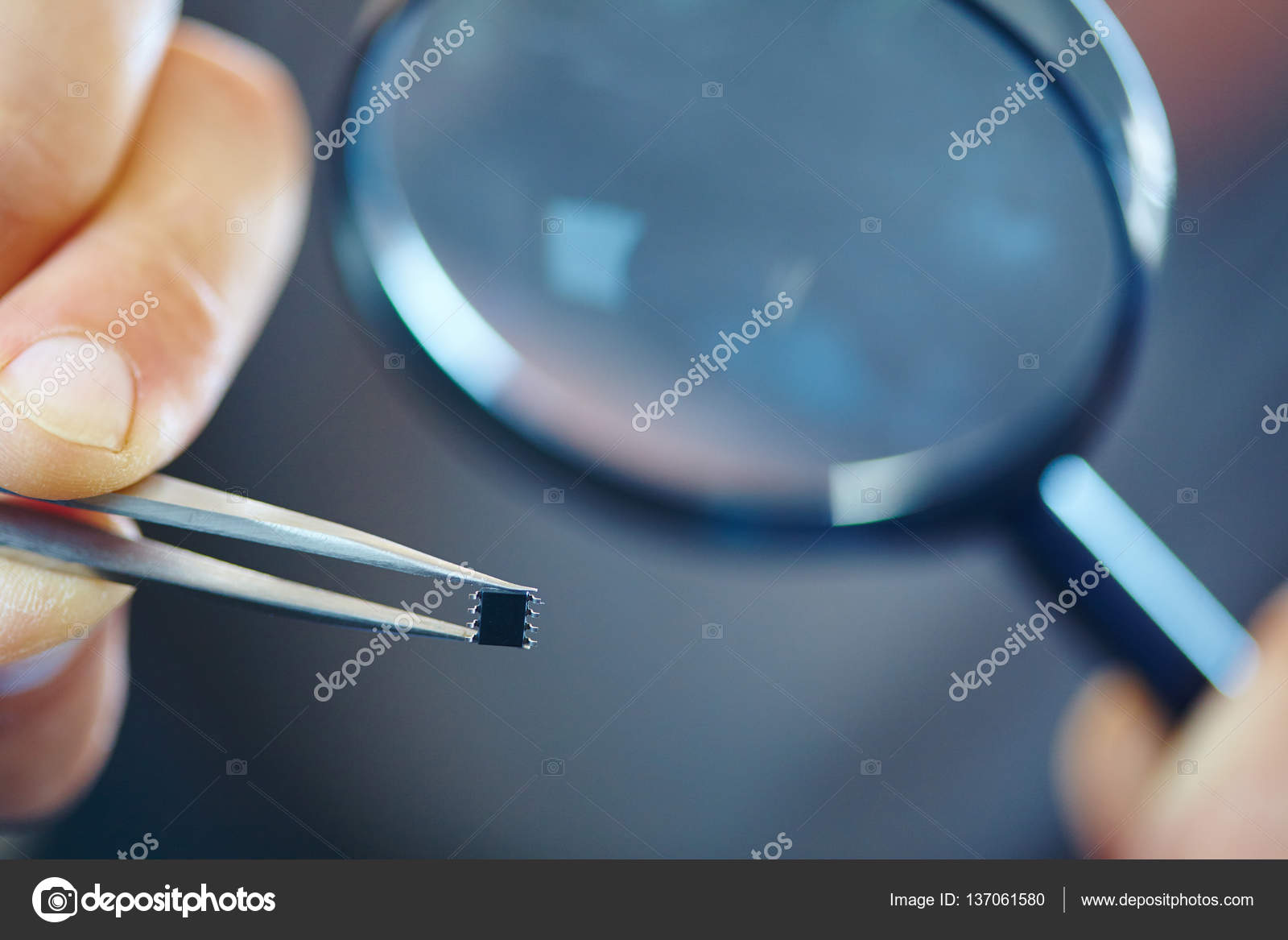 Hand holding microchip with tweezers — Stock Photo © strelok #137061580
