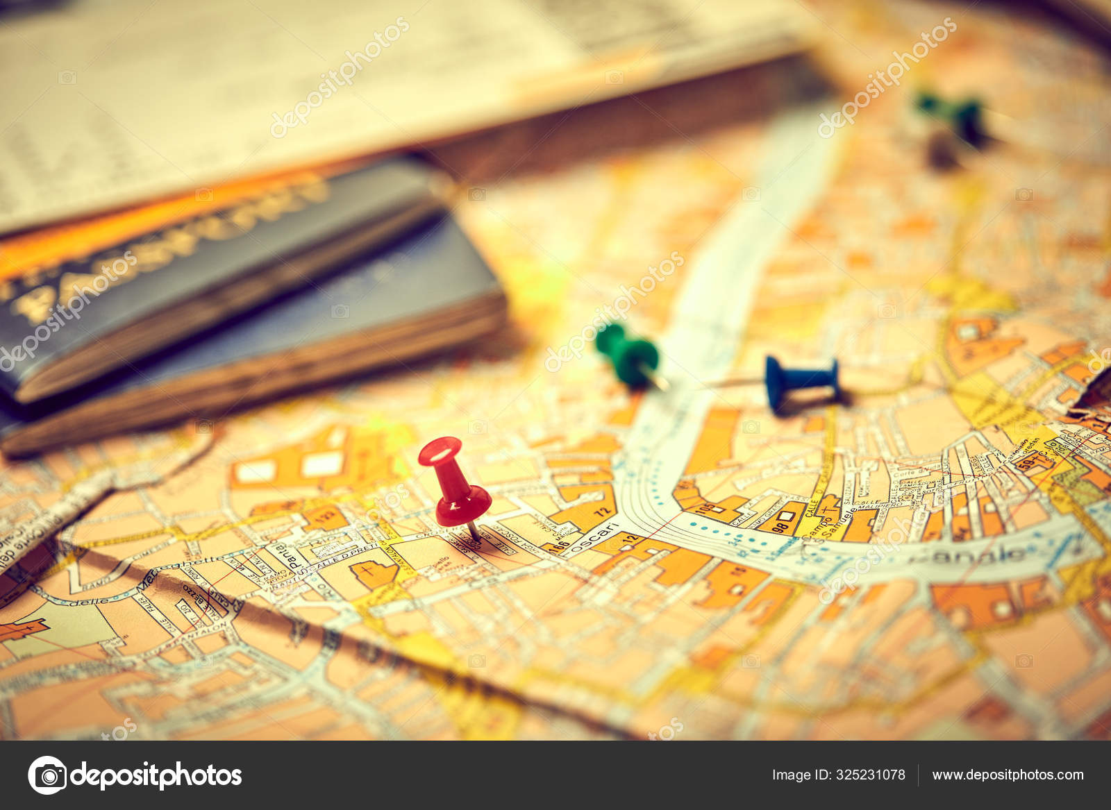 Pins Marking Travel Itinerary Points Map Passports Stock Photo by ...