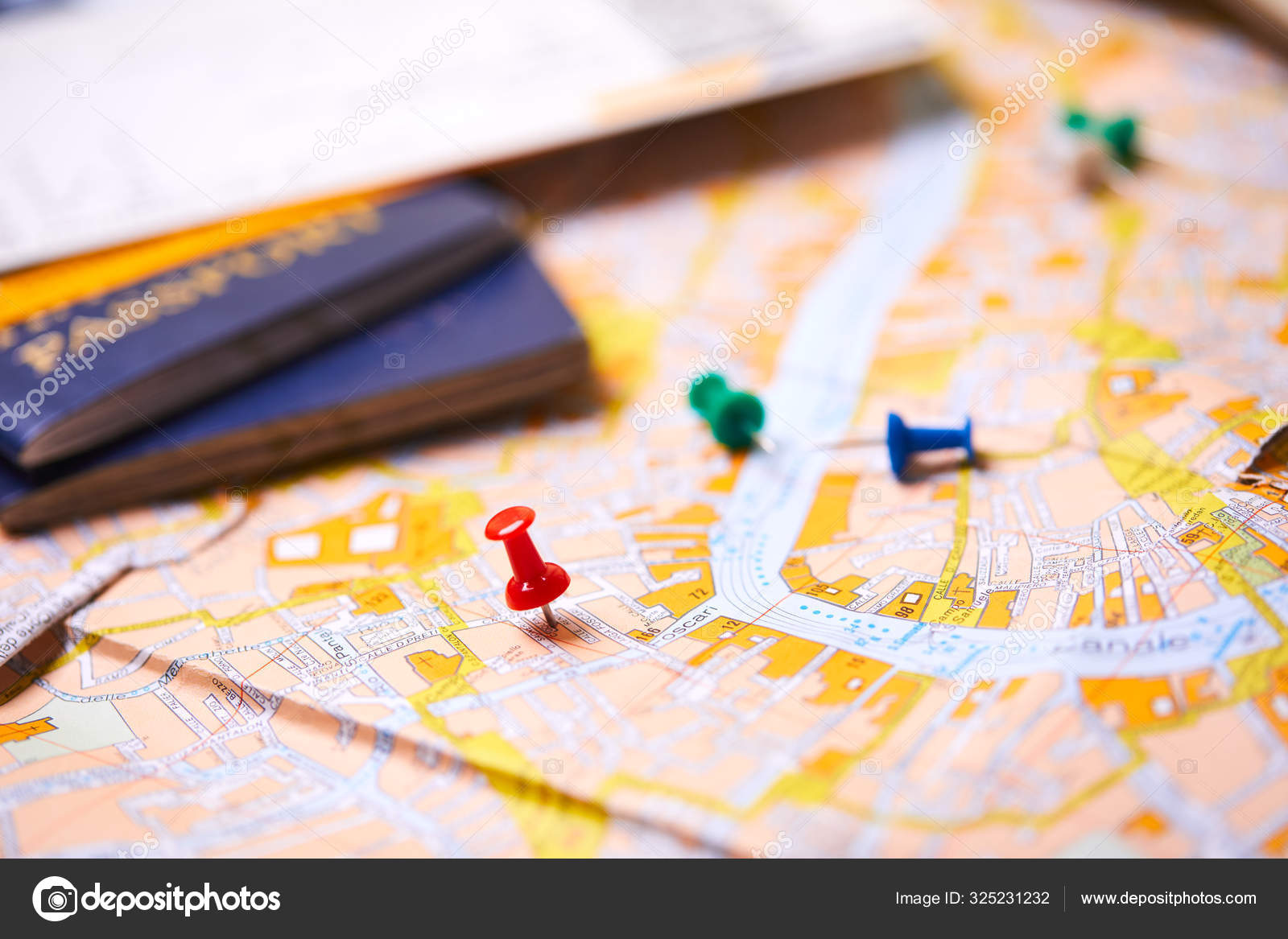 Pins Marking Travel Itinerary Points Map Passports — Stock Photo ...