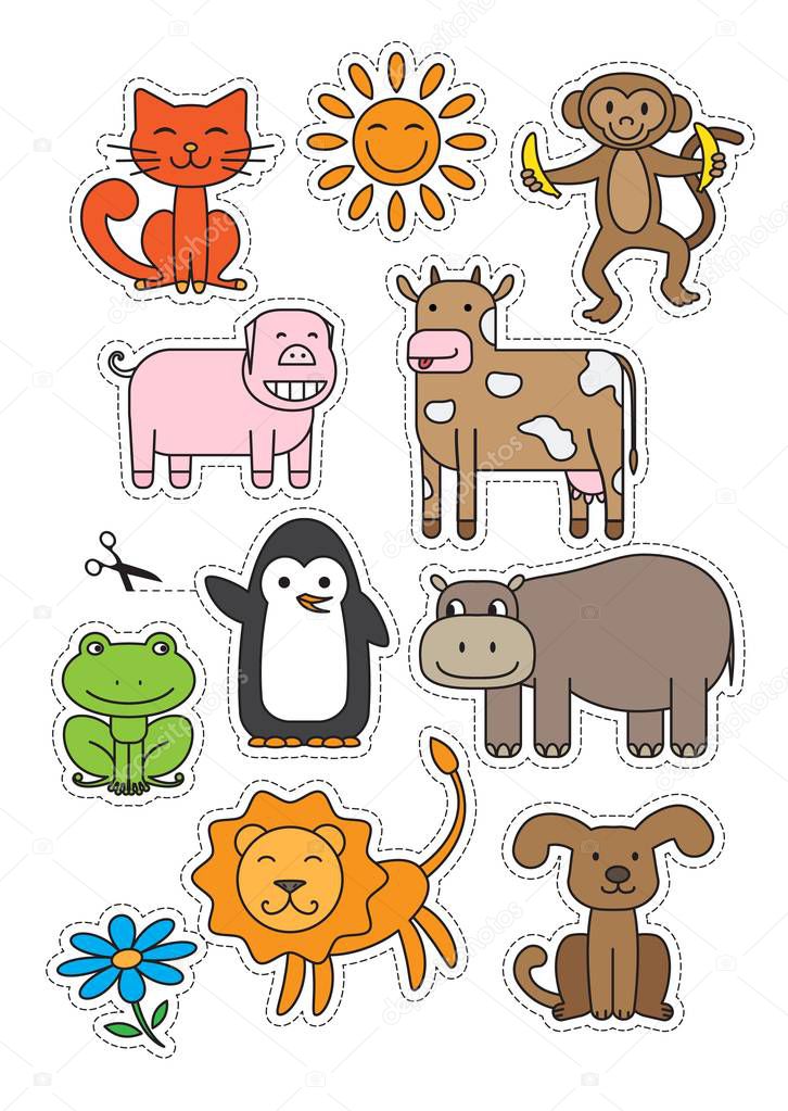 Recortes de animales | Dibujos animados animales pegatinas Vector Set ...