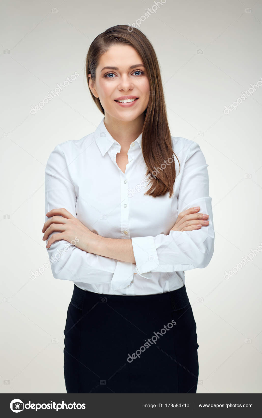 Portrait Smiling Businesswoman Long Hair Wearing White Shirt Standing