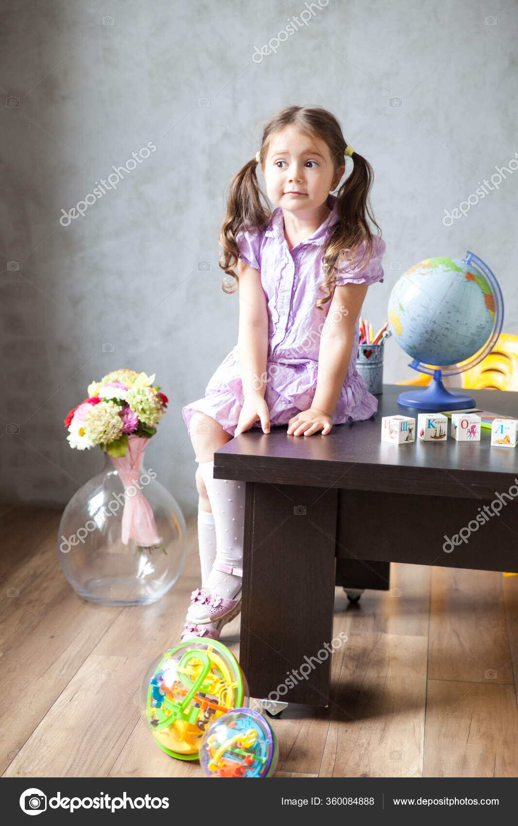 Little Preschool Girl Sitting Table Textbooks Globe Back School Concept ...
