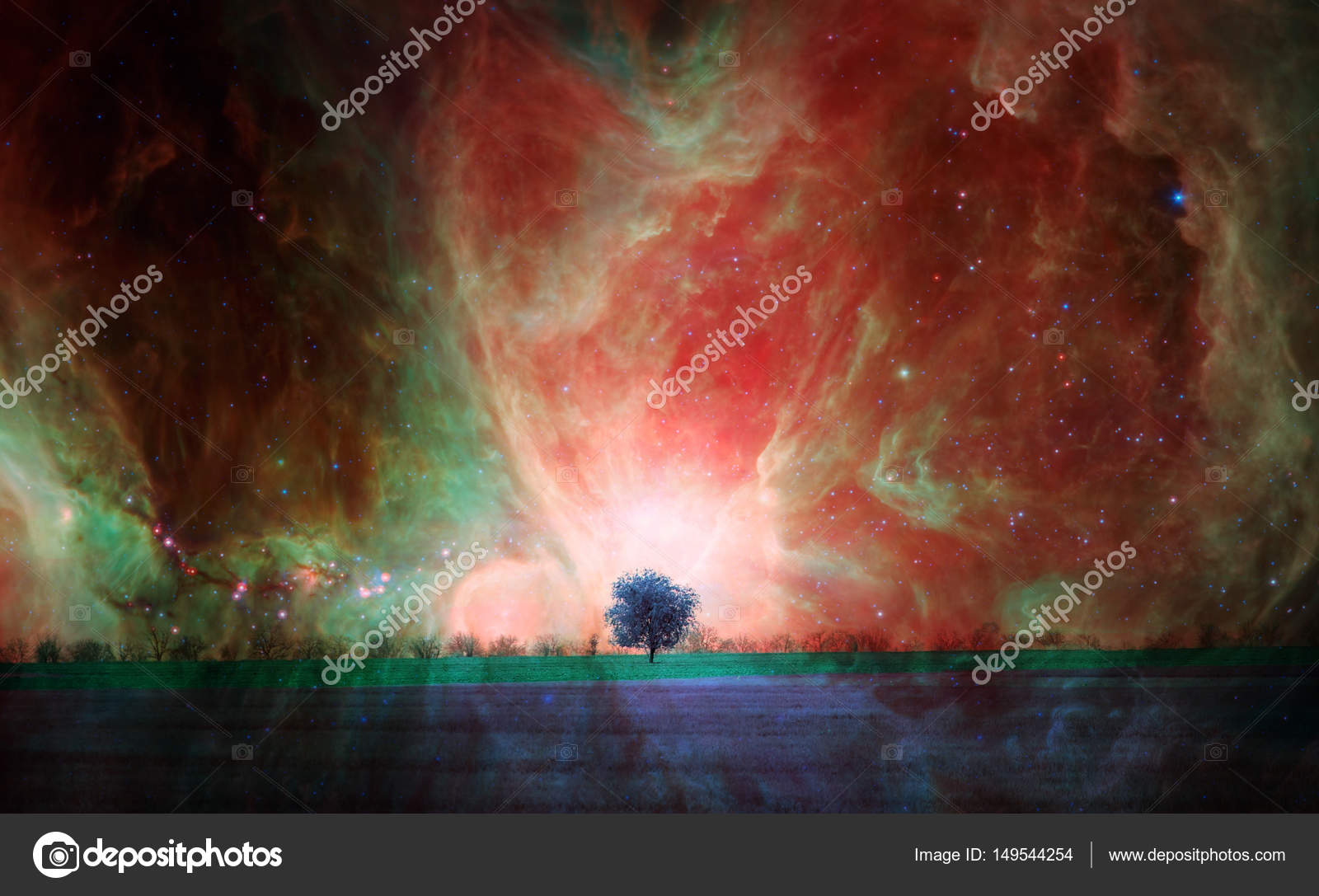 Red alien landscape with alone tree silhouette in purple field ...