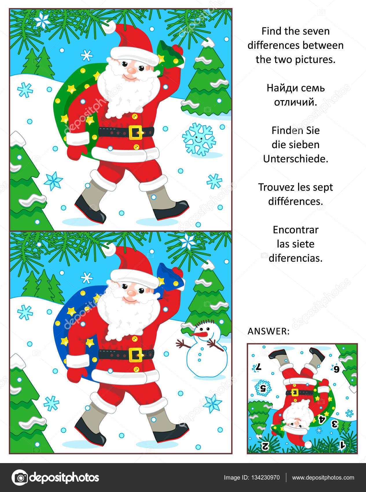 Winter holidays find the differences picture puzzle with Santa Klaus ...