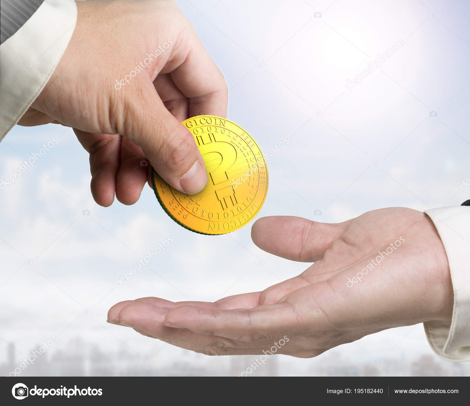 One hand giving question mark digital coin to another Stock Photo by ...
