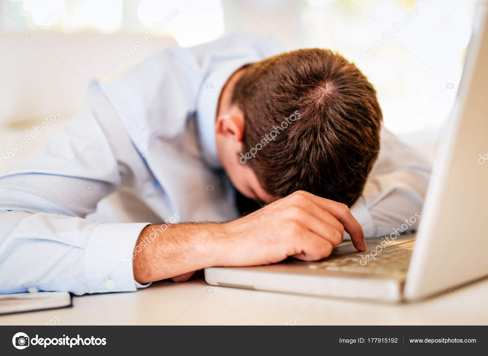 Young Tired Businessman Sleeping Front His Laptop Office Desk Stock ...