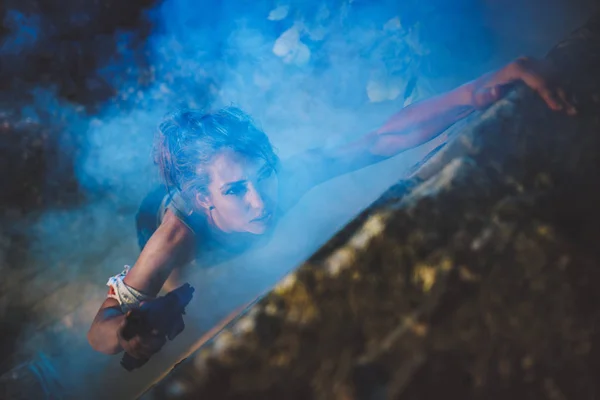 Young Female Special Forces Holding Gun Getting Ready Attack Abandoned ...