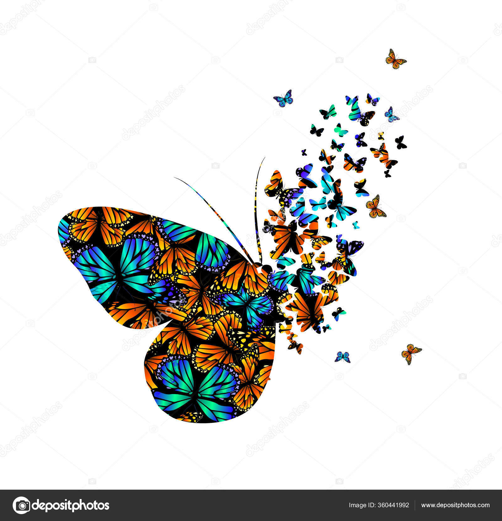 Abstract butterfly multicolored from parts. A lot of flying butterflies ...
