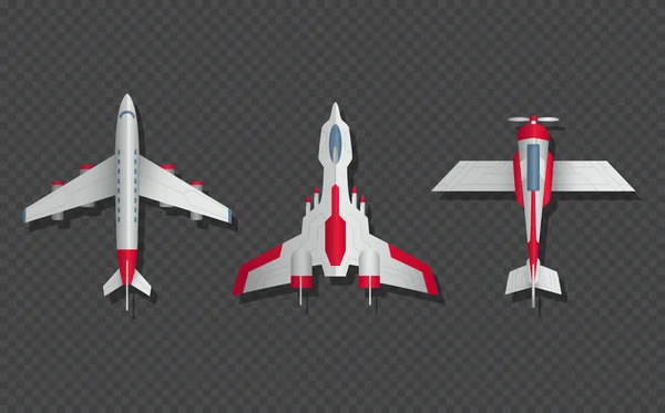 Airplanes and military aircraft top view. 3d airliner and fighter ...