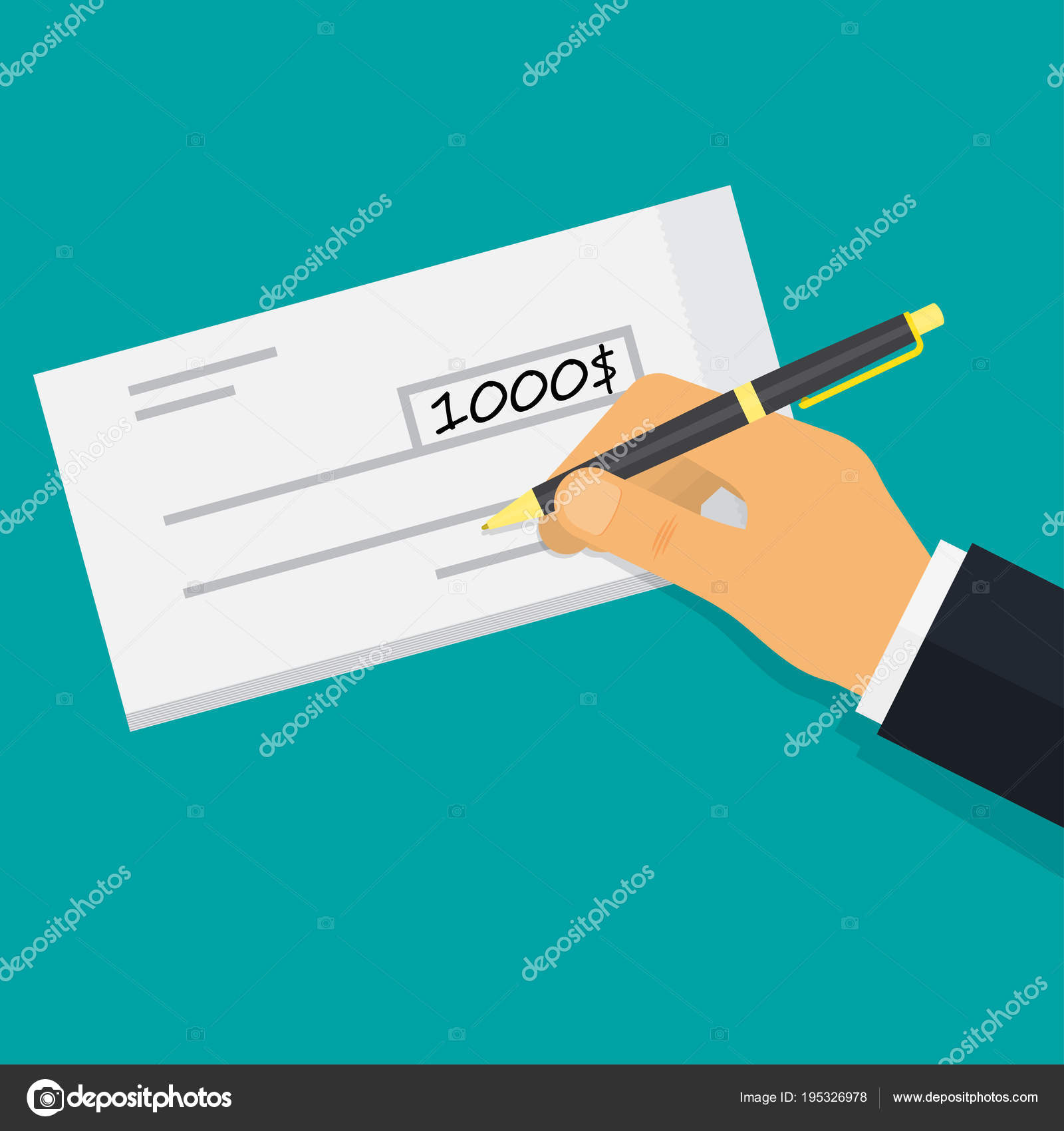 Hand holding pen filling a cheque. Stock Vector Image by ©Makc76 #195326978