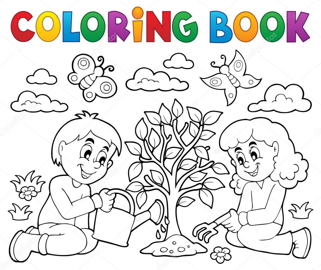 Coloring book kids planting tree — Stock Vector © clairev #190774826