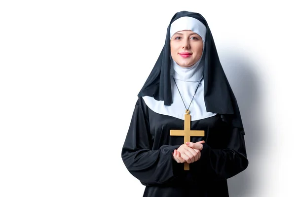Attractive Smiling Nun Holding Cross Yellow — Stock Photo © HayDmitriy ...