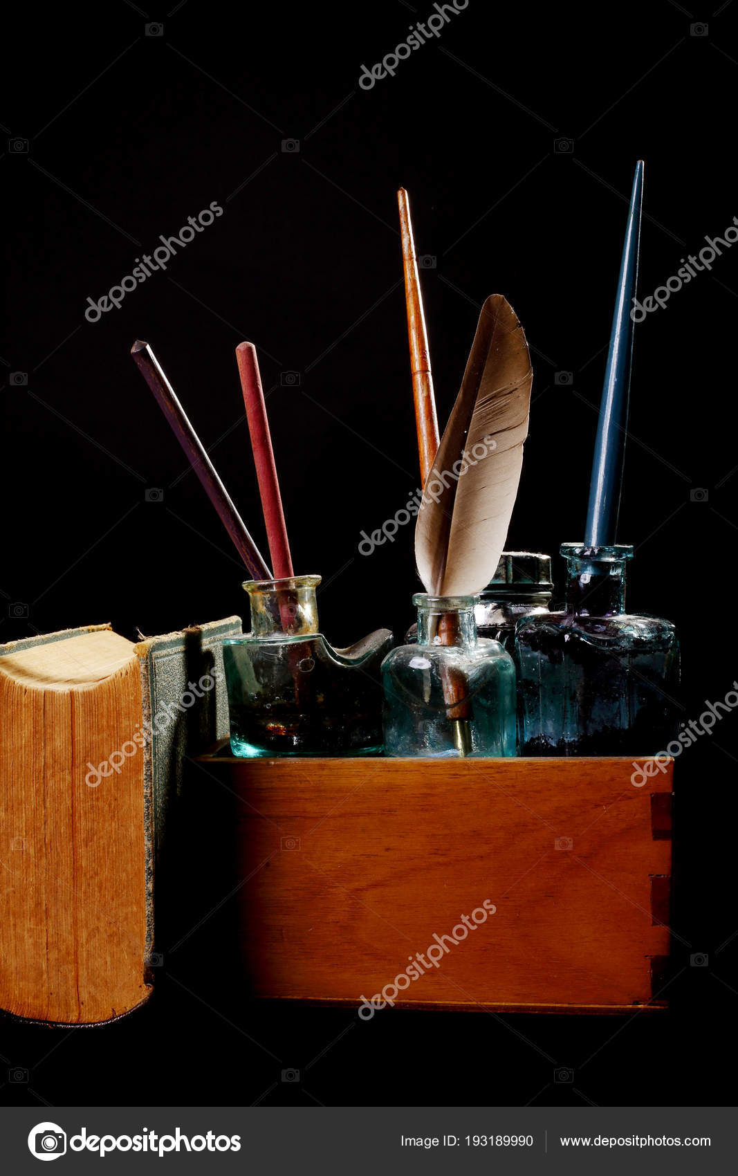 Vintage ink pots and pens Stock Photo by ©AlexKosev 193189990