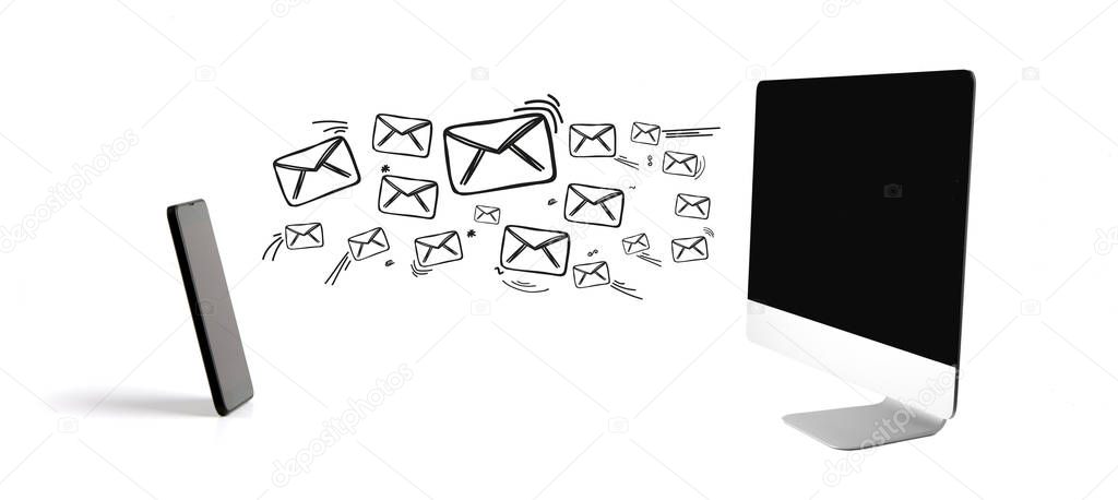 Email icon connection beetween a smartphone and a computer Stock Photo ...