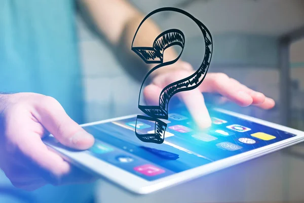 Hand drawn question mark icon going out a tablet interface of a - Stock ...