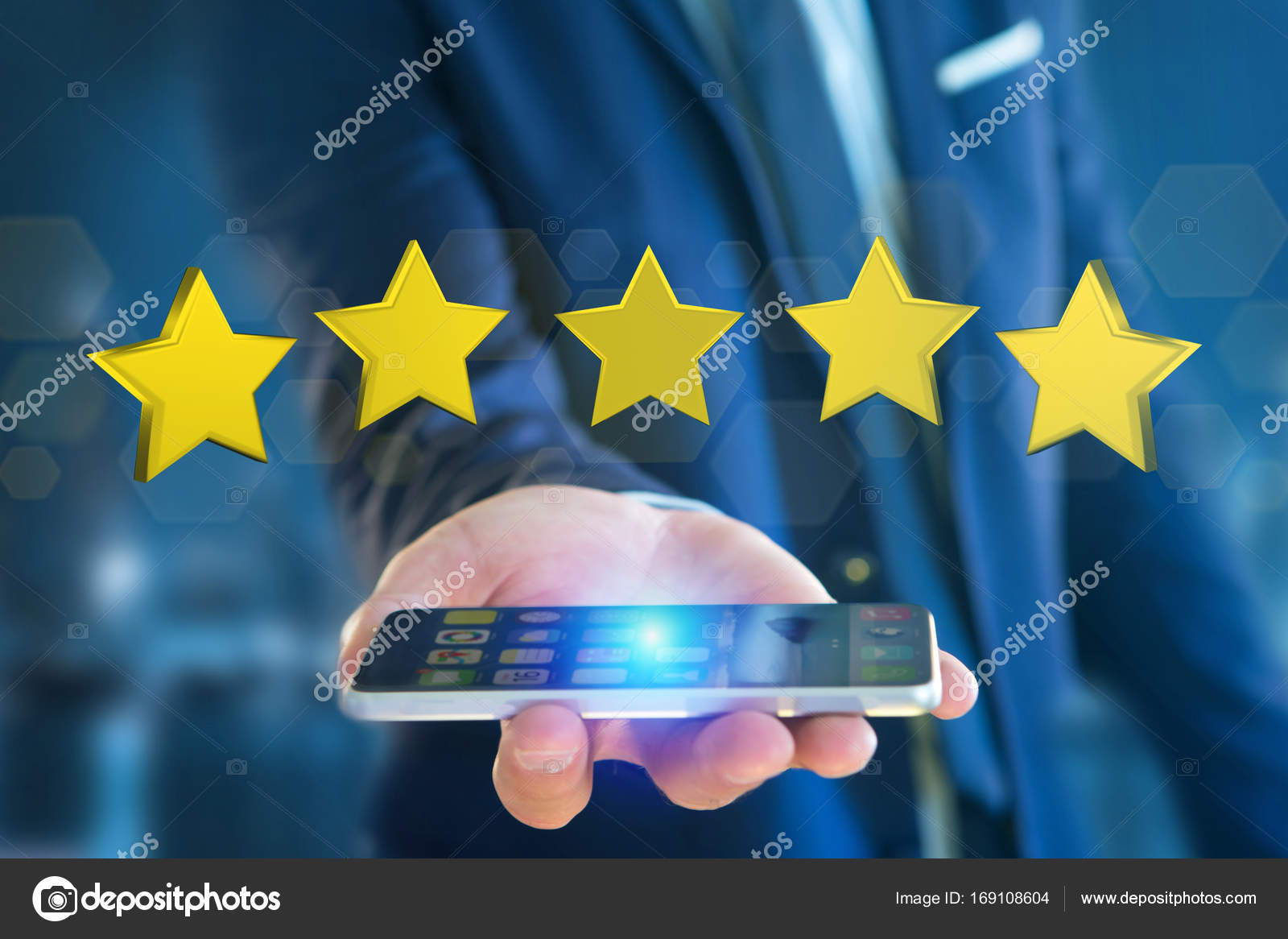 Five yellow stars on a futuristic interface - 3d rendering — Stock ...