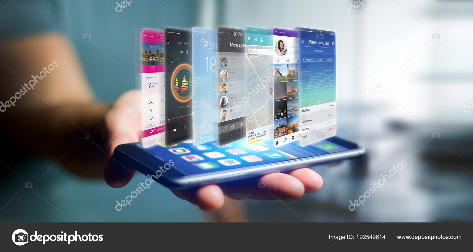 Businessman holding 3d rendering app template — Stock Photo © perig76 ...
