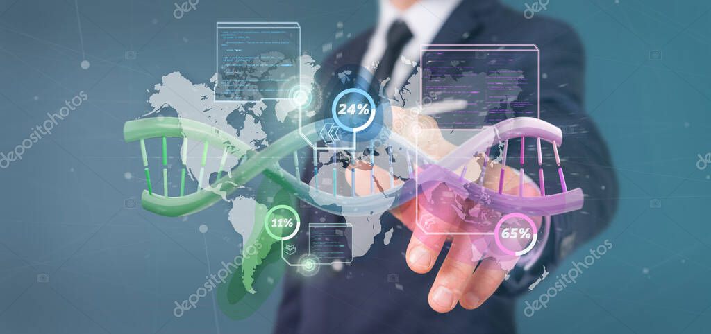 Vista de un Empresario sosteniendo un ADN sobre un mapa mundial con ...