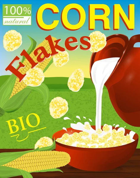 Packaging design or ads Corn flakes. Milk pouring from the jug a plate ...