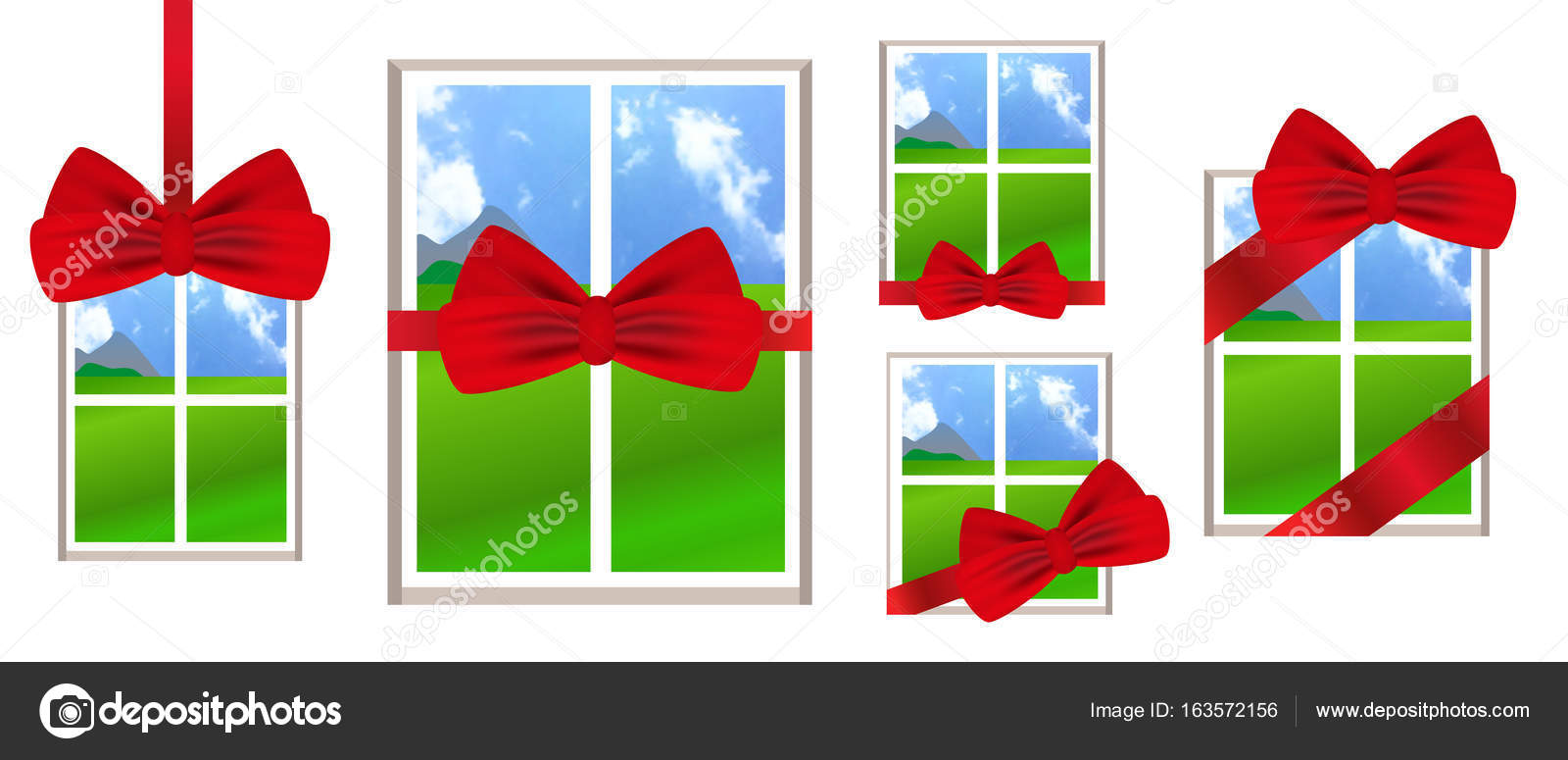 Window with red ribbon and bow as a gift with a landscape view. Set ...