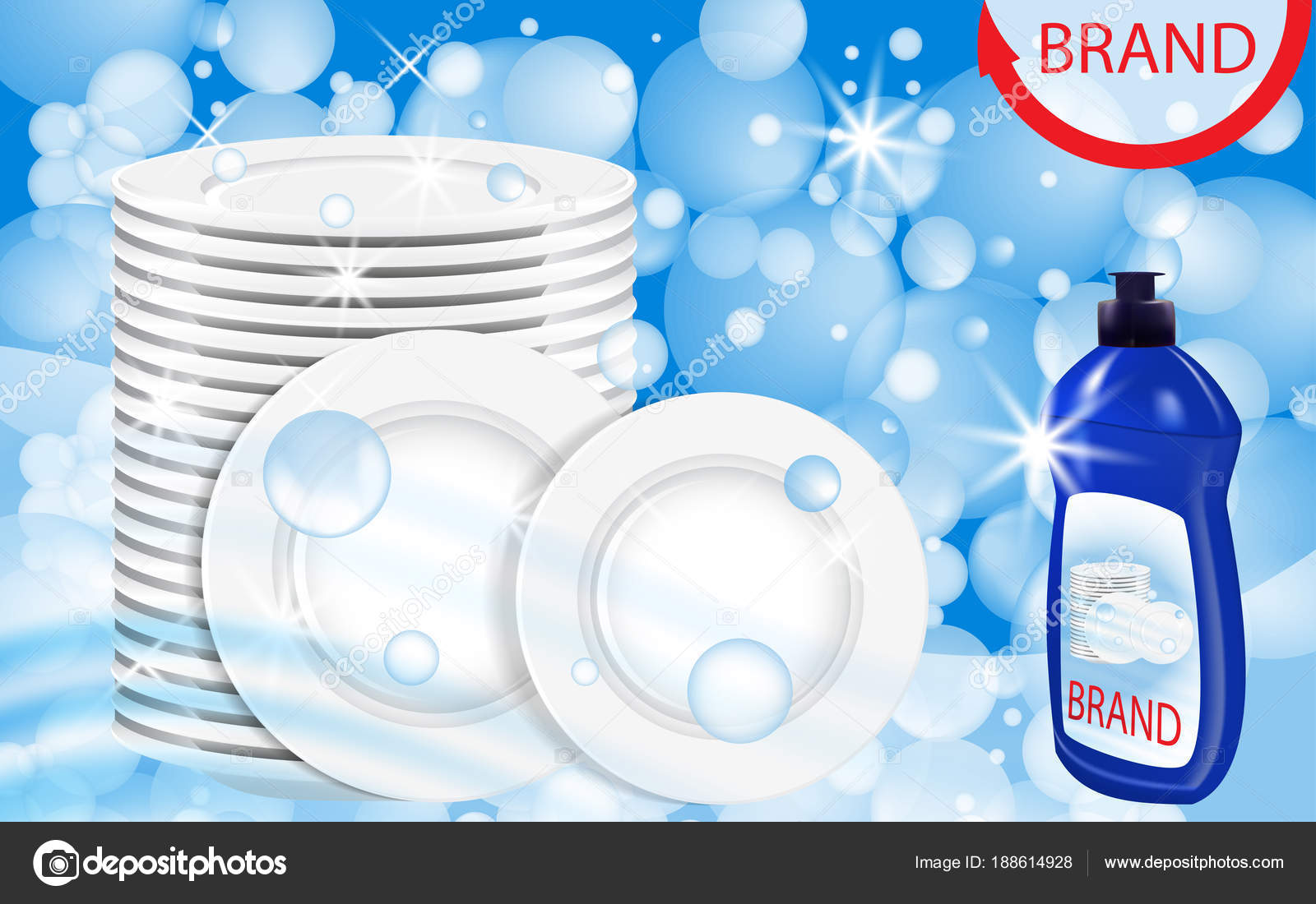 Dishwashing liquid products with plates stack. Bottle label design ...