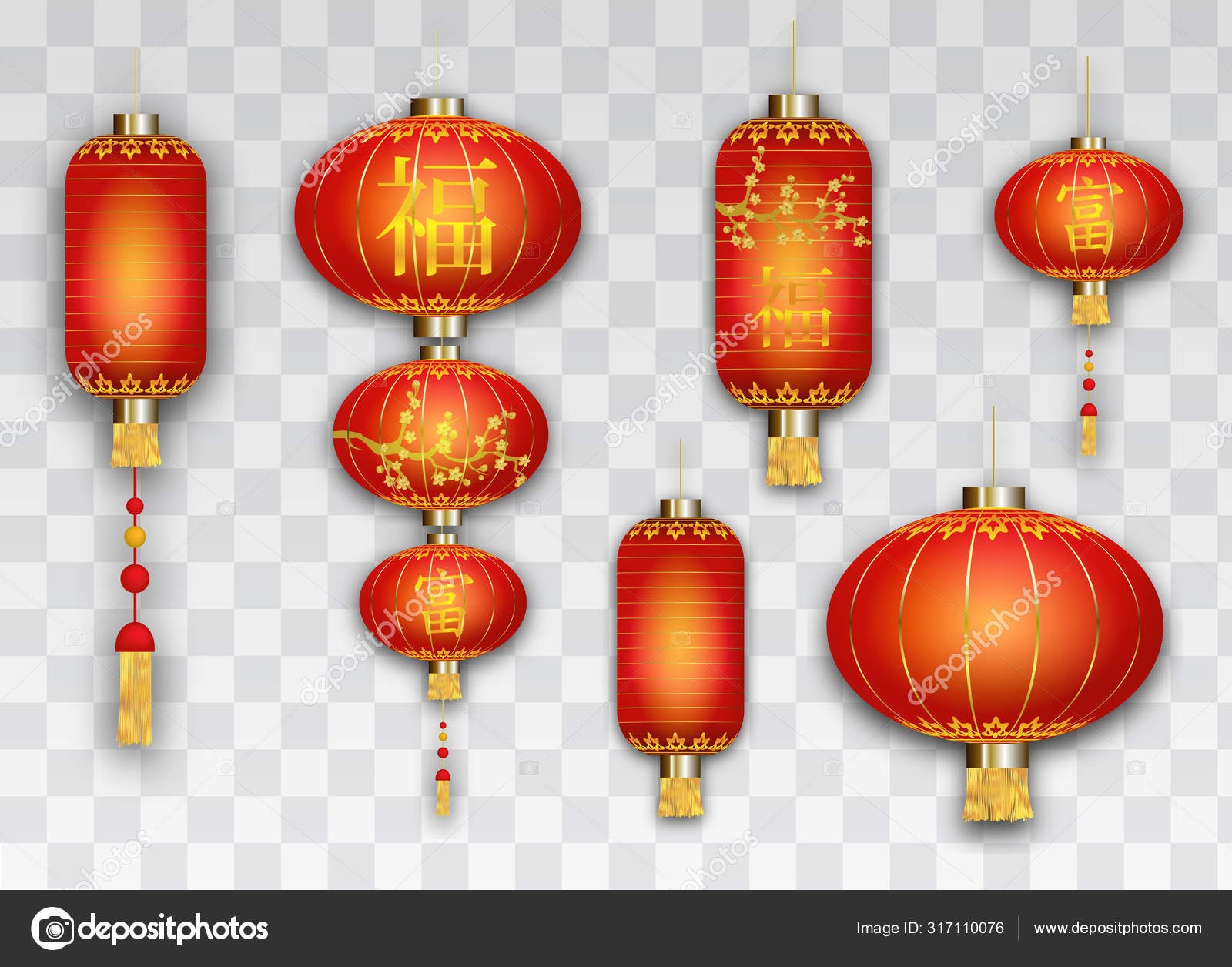 Chinese red lanterns on transparent background. Asian elements golden ...
