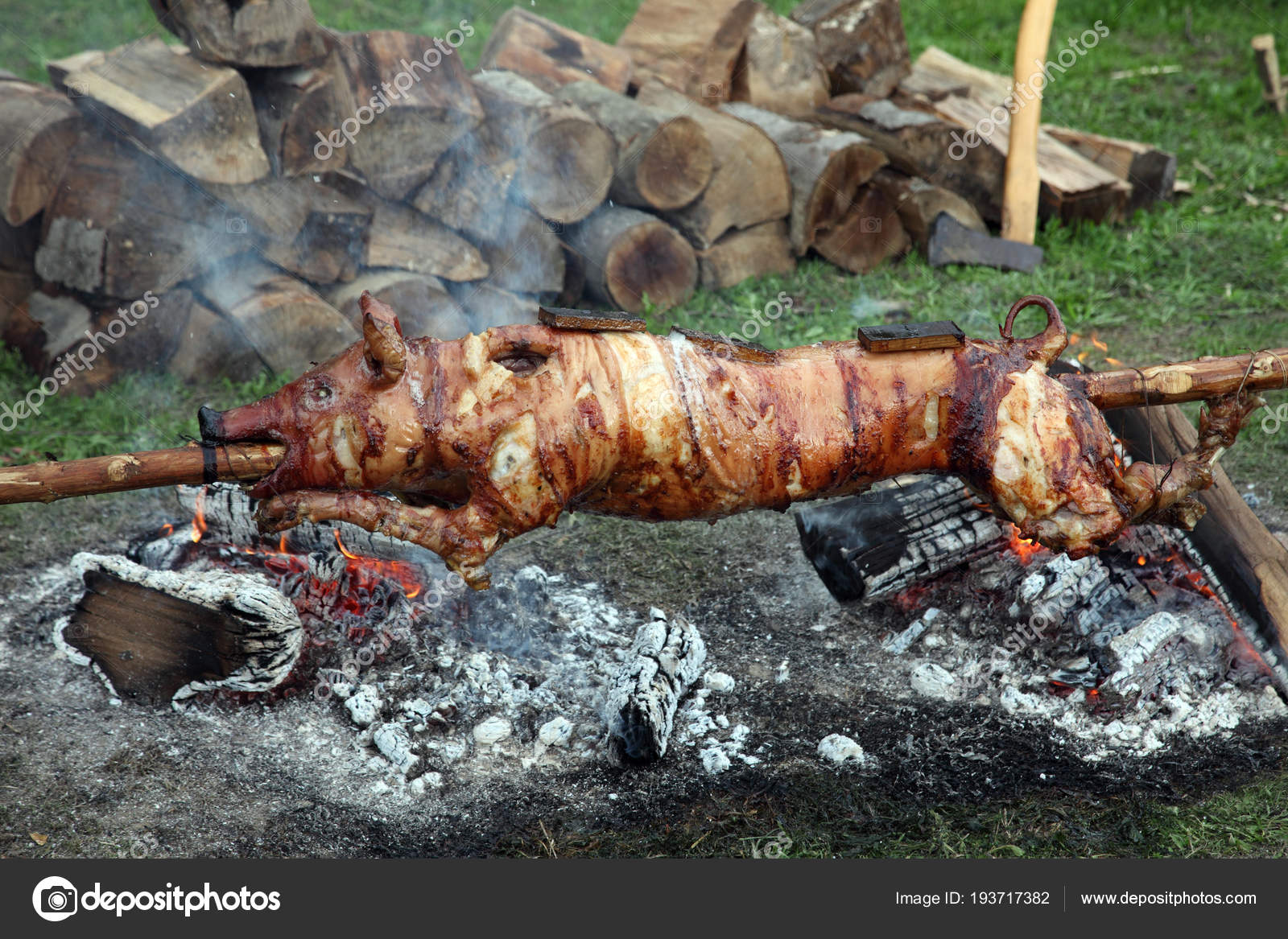 Suckling Pig Rotating Spit Fire Background — Stock Photo © zatletic ...