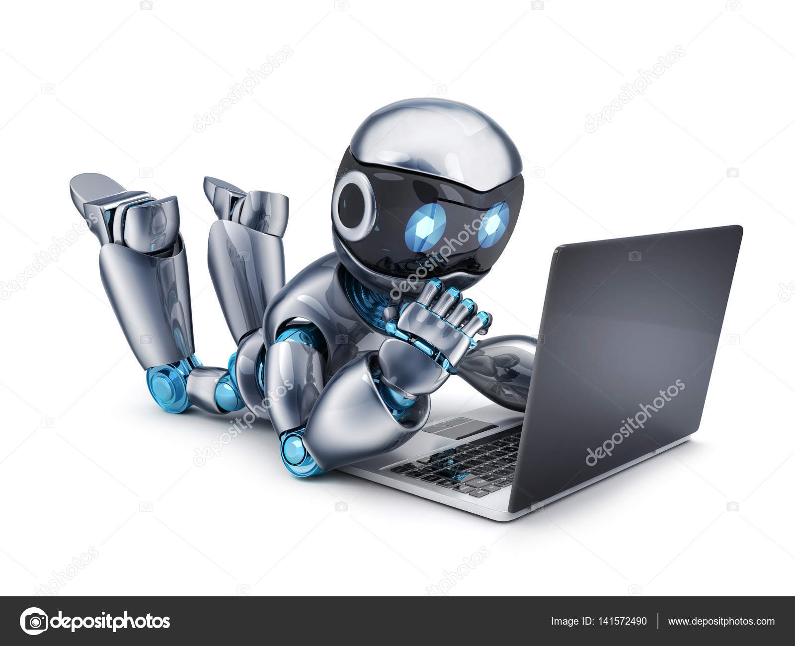 Robot working on laptop — Stock Photo © Vladru #141572490 Robot working on laptop — Stock Photo © Vladru #141572490