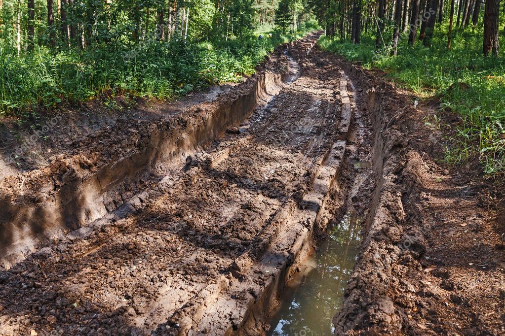 Camino de tierra sucia y rota extrema es muy húmedo después de fuertes ...