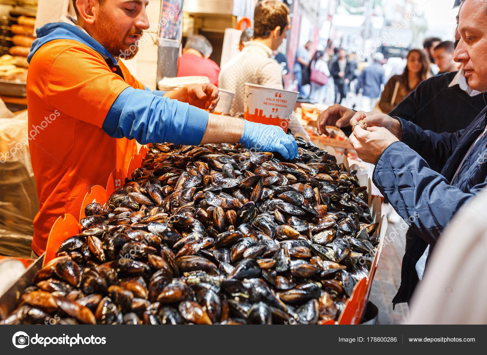 SEPTEMBER 2017, TURKEY, ISTANBUL: Sale of mussels in the market on the ...