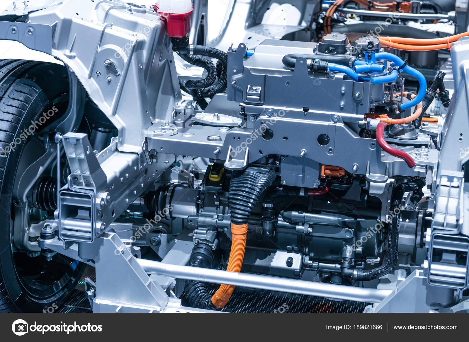 Chassis of the electric car with powertrain and power connections ...