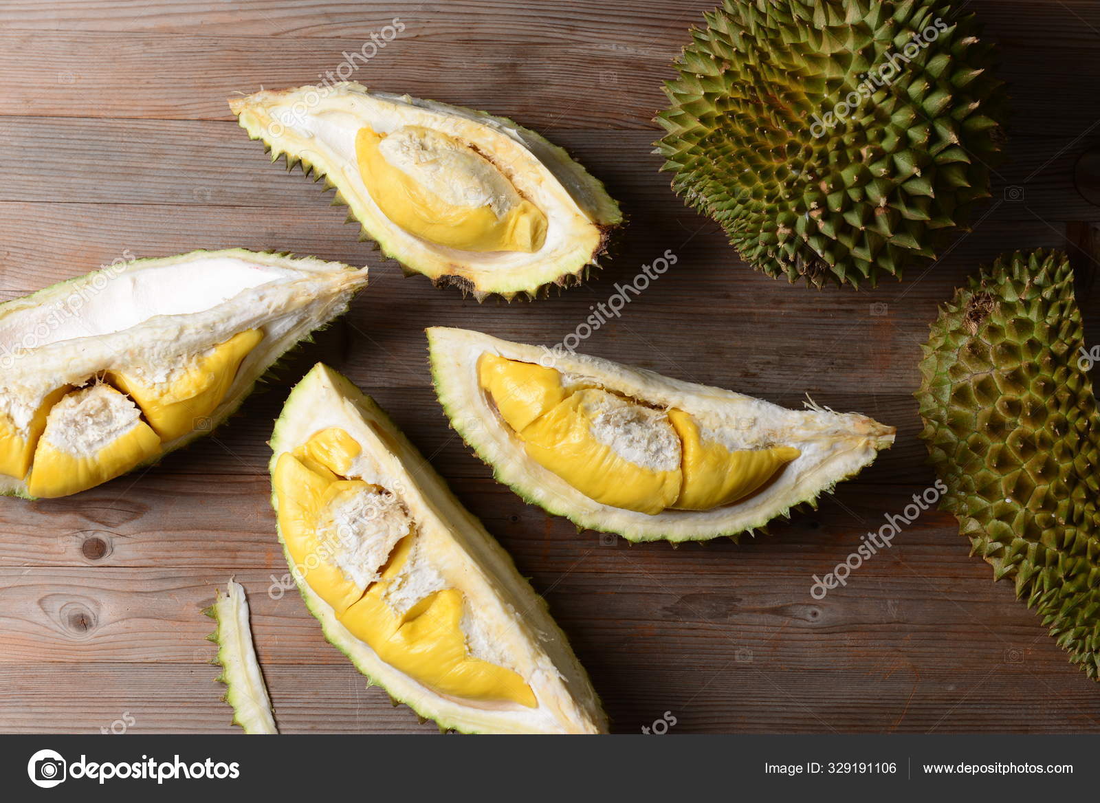 Durian Riped Fresh Durian Peel Yellow Color Wooden Table Stock Photo by ©yuliang11 329191106