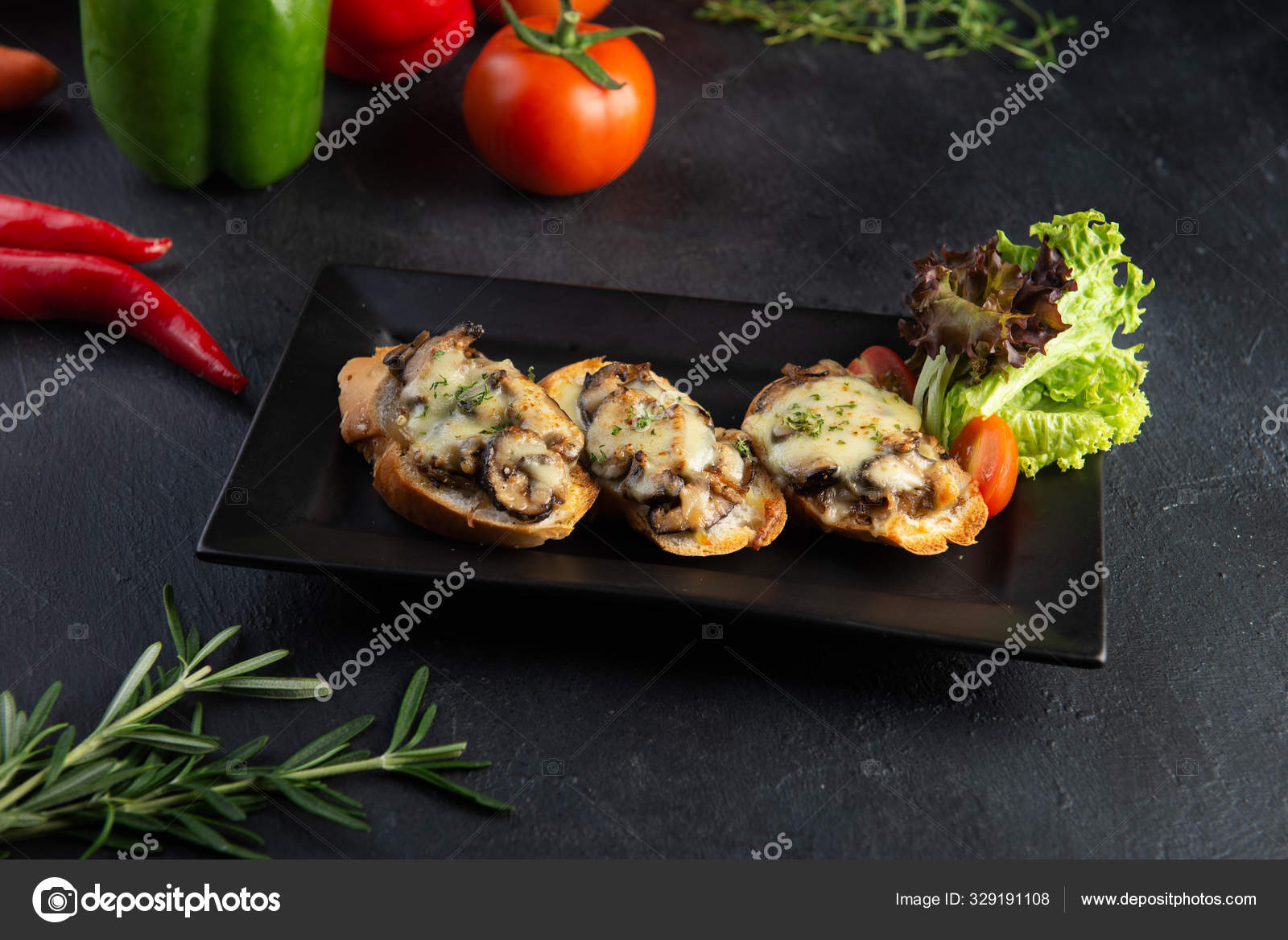 Rustic Toast Bread Garlic Cheese Mushrooms Herb Stock Photo by ...