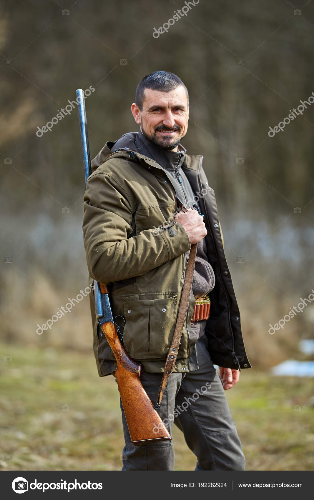 Hunter Double Barrel Gun Shoulder Standing Forest — Stock Photo ...