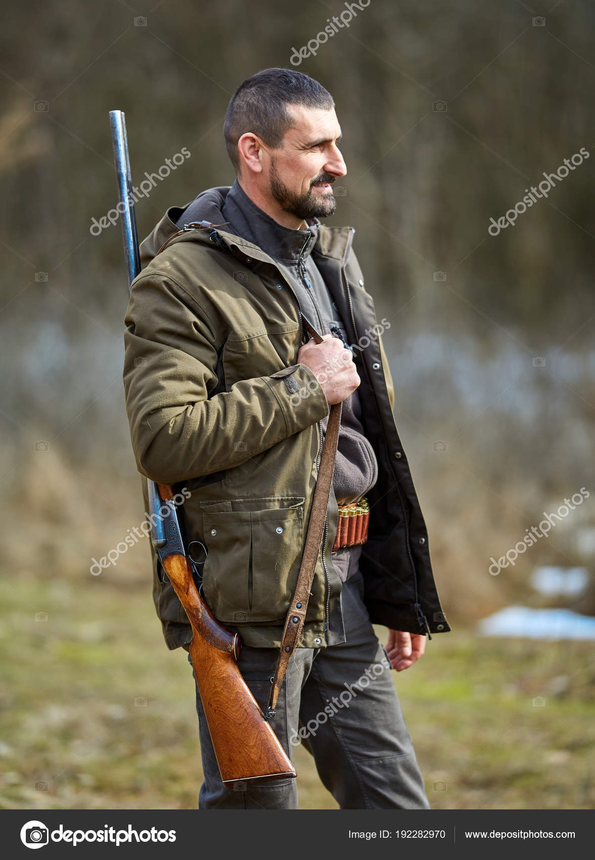 Hunter Double Barrel Gun Shoulder Standing Forest — Stock Photo ...