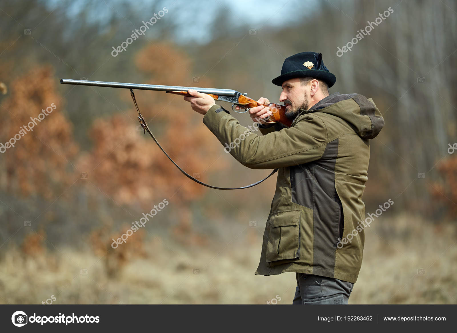 Hunter Double Barrel Gun Standing Forest Aiming Wild Animals — Stock ...