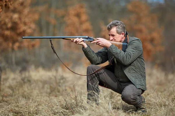 Hunter Double Barrel Gun Shoulder Standing Forest — Stock Photo ...