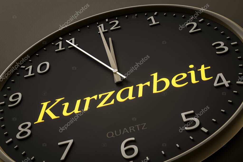 Una imagen de un reloj típico con texto de corto tiempo de trabajo en idioma alemán 2024