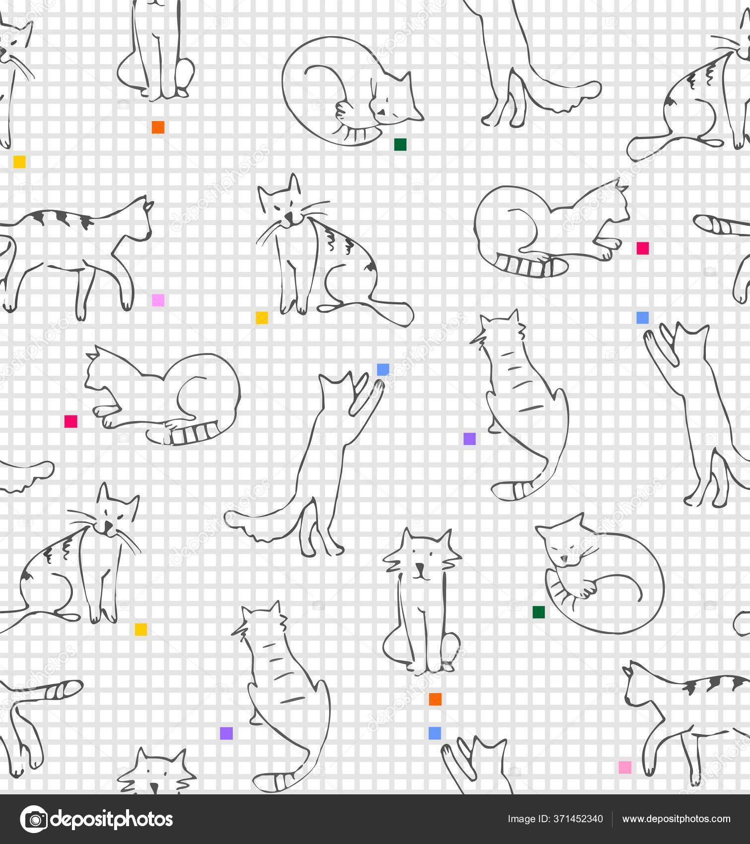 Playing Cats Drawing Paper Line Squares Gray Yellow Blue Pink ⬇ Vector ...