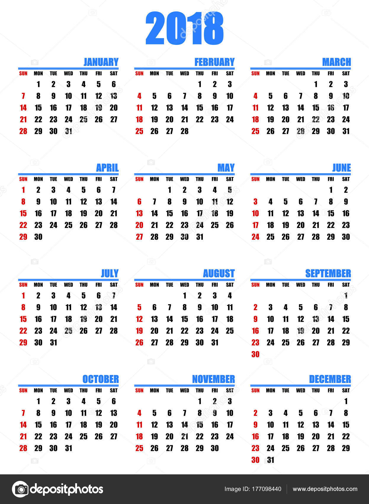 Simple Editable Vector Calendar Year 2017 Sundays Red First — Stock ... Simple Editable Vector Calendar Year 2017 Sundays Red First — Stock ...