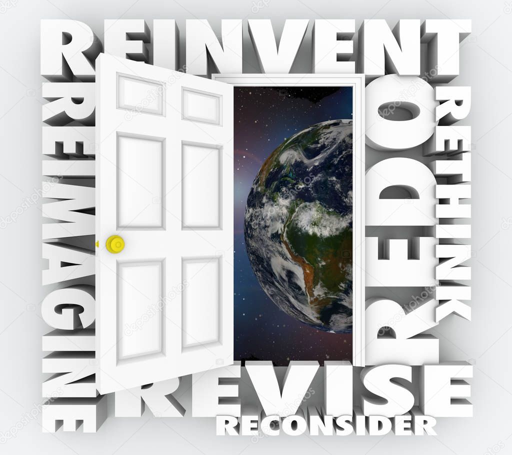 Reinventar el mundo Repensar Rehacer Revisar palabras de la puerta Ilustración 3d 2023