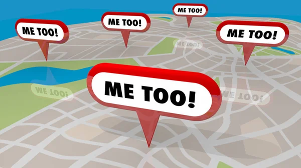 Pins with text Me Too on Map, 3d Ilustración, concepto de historias de ...