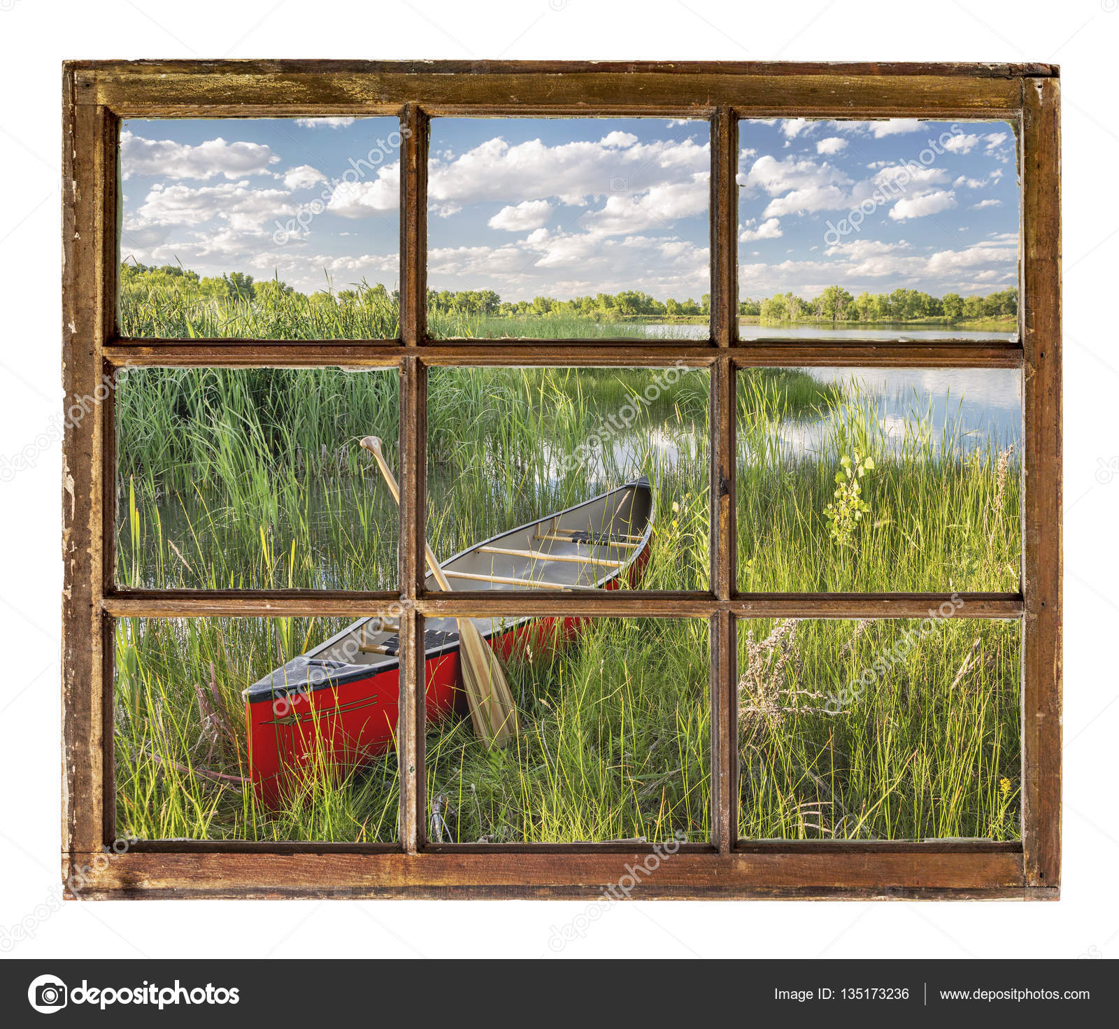 Canoe on lake shore - window view Stock Photo by ©PixelsAway 135173236