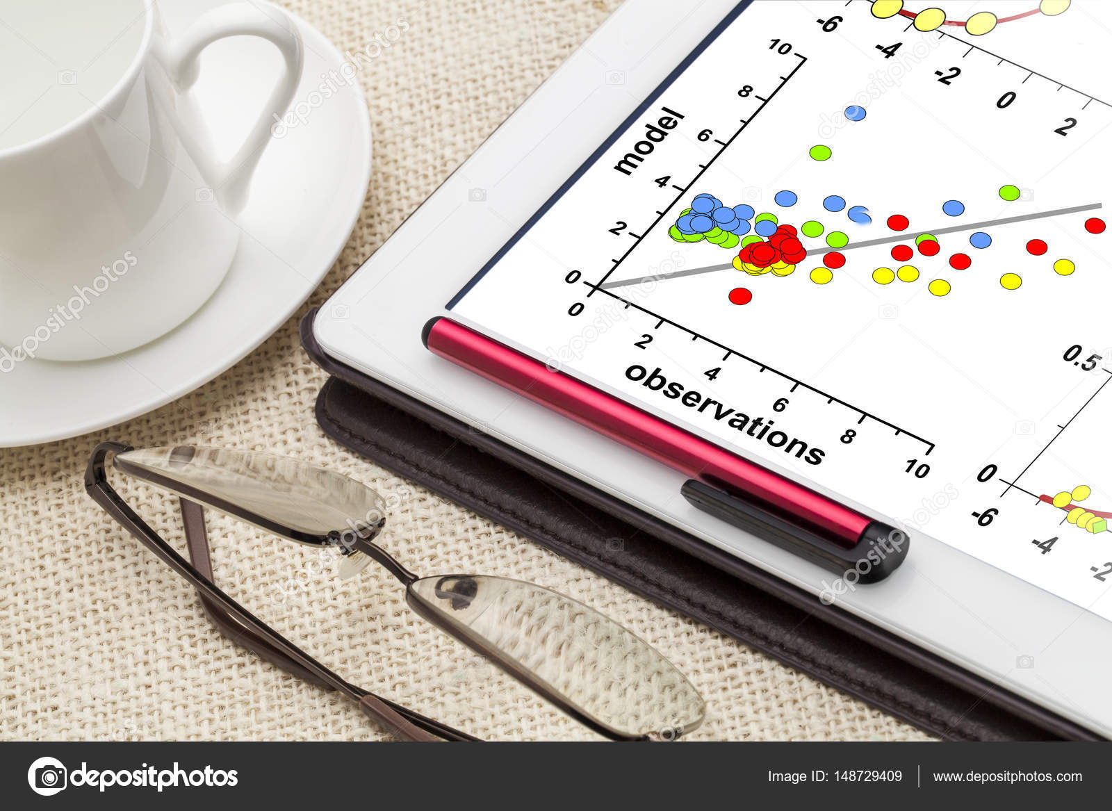 Model and observation data correlation graph on tablet — Stock Photo ...