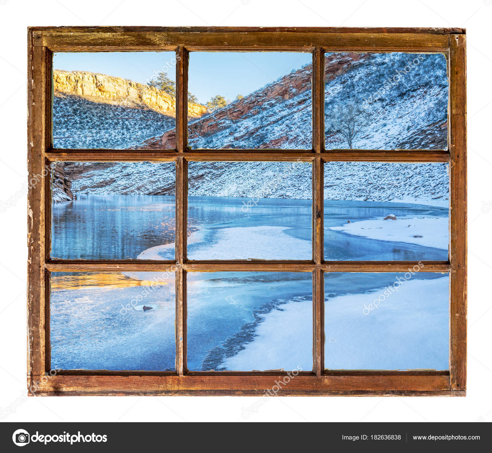 Mountain lake in winter window view — Stock Photo © PixelsAway #182636838