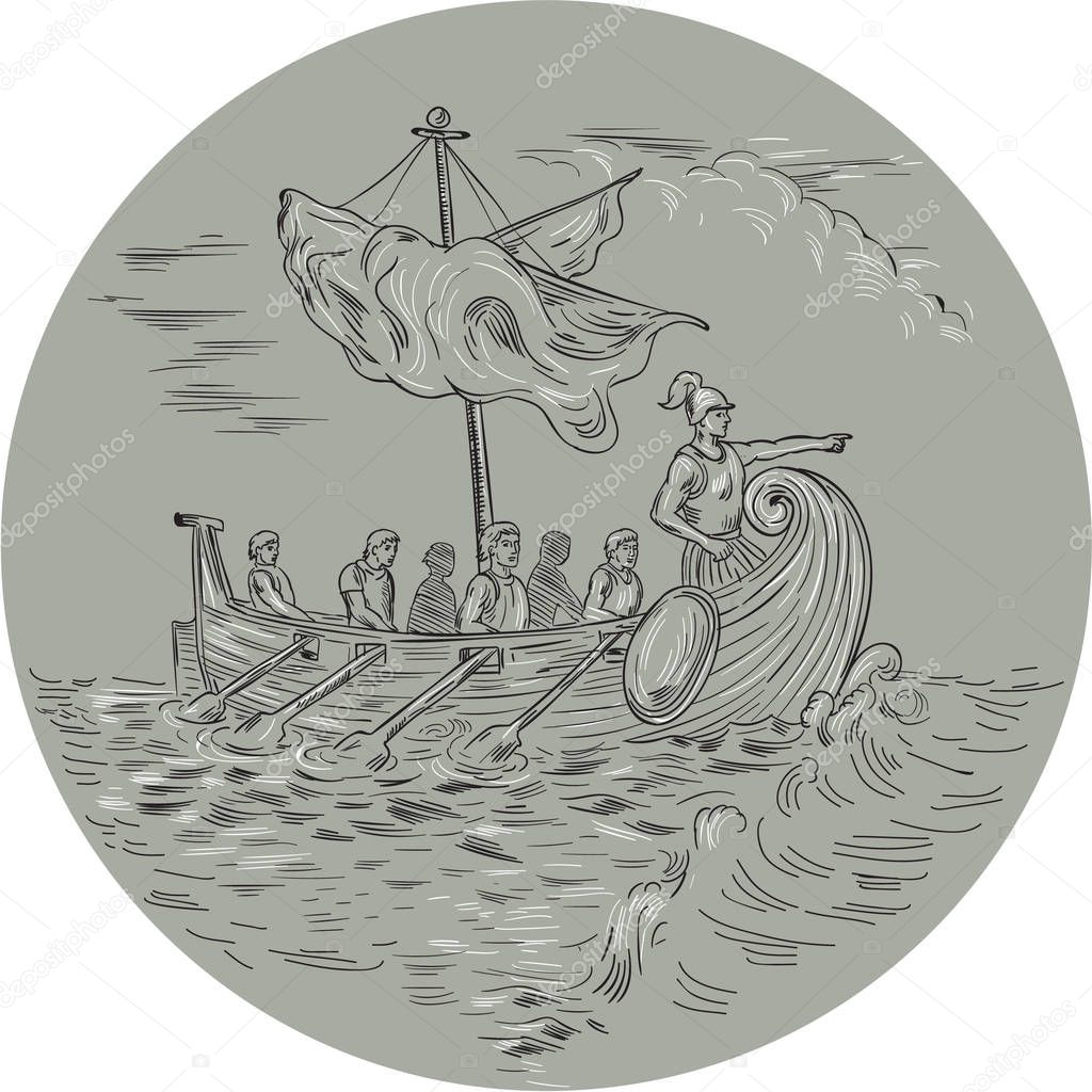 Dibujo del círculo de buques de guerra del antiguo Trireme griego 2022